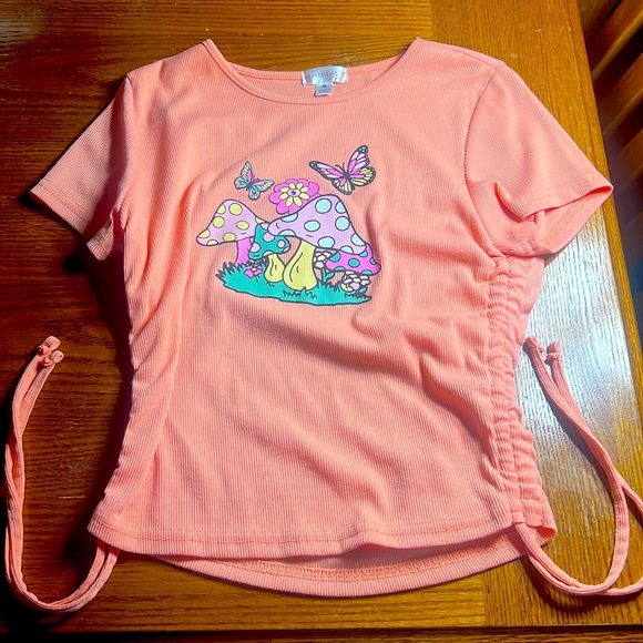 orange kiss | Tops | Salmon Pink Ribbed Drawstring Mushroom Butterfly ...